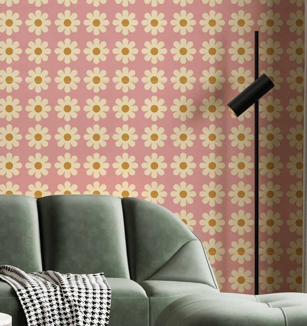 Groovy Pink Retro Floral Wallpaper, Groovy Wallpaper, Accent Retro ...