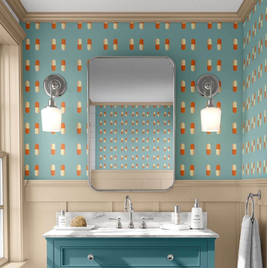 Funky Pill Wallpaper: Blue & Orange Retro Peel and Stick - Etsy