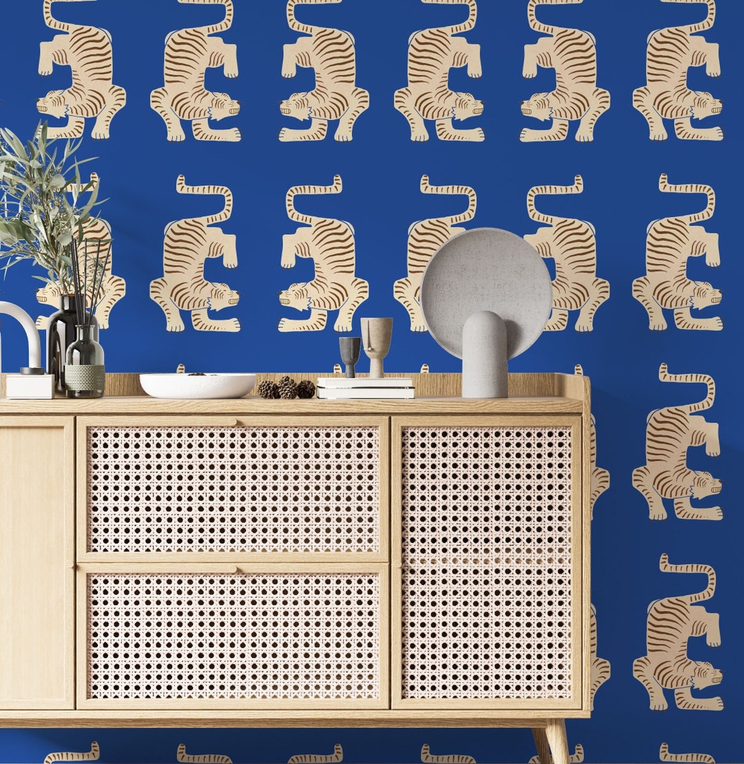 Peel and Stick Blue Tiger Wallpaper, Aztec Tiger Dark Blue Wallpaper ...