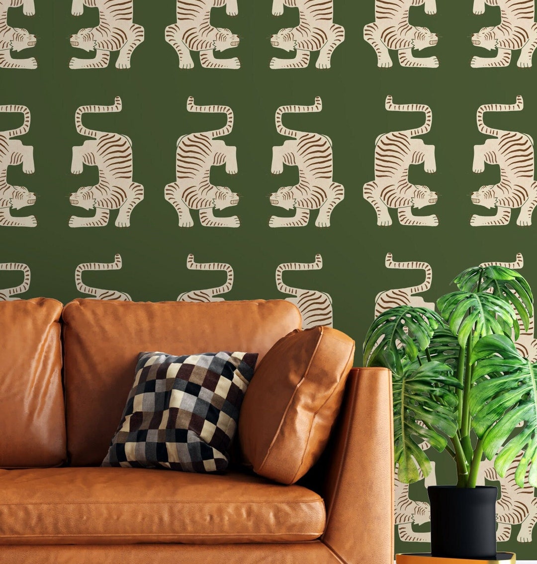 Peel and Stick Olive Green Tiger Wallpaper Aztec Tiger - Etsy
