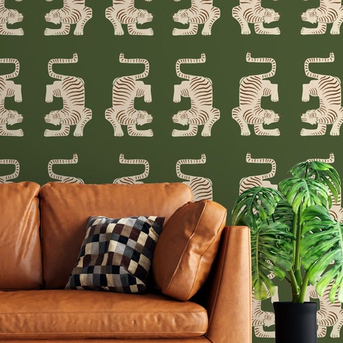 Peel and Stick Olive Green Tiger Wallpaper Aztec Tiger - Etsy