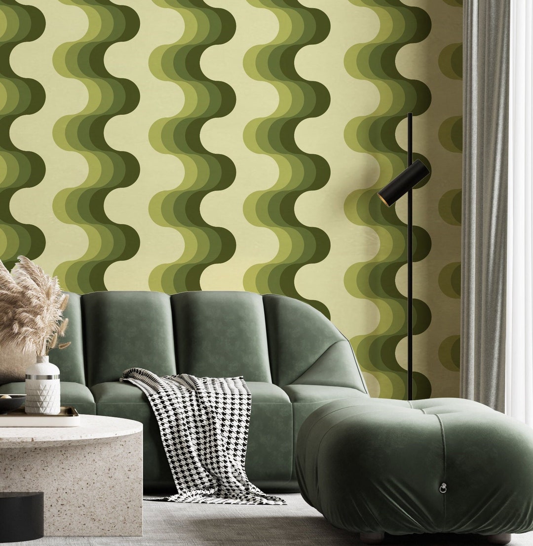 Funky Retro Wallpaper - 70s Accent Green Peel and Stick, Abstract Vinyl ...