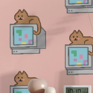 Pixel Cat Peel and Stick Wallpaper, Pixelated Pink Wallpaper, Accent ...