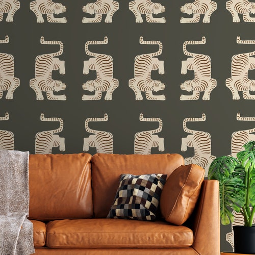 Dark Gray Tiger Wallpaper Aztec Tiger Wallpaper Vintage - Etsy