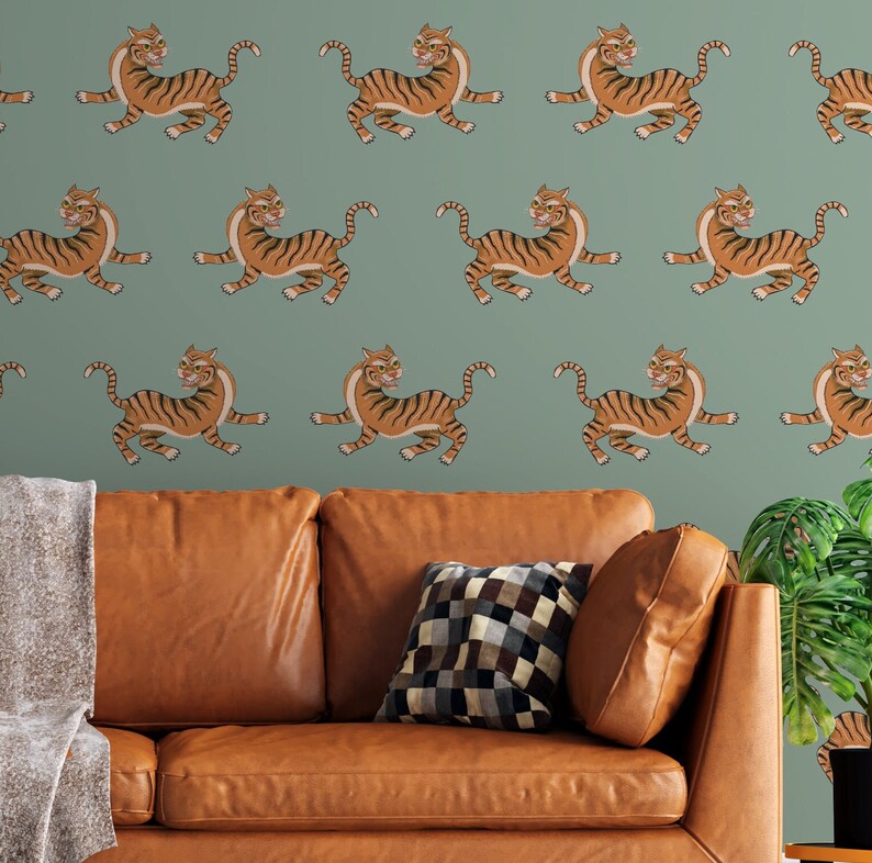 Traditional Tiger Wallpaper Aztec Tiger Sage Wallpaper - Etsy