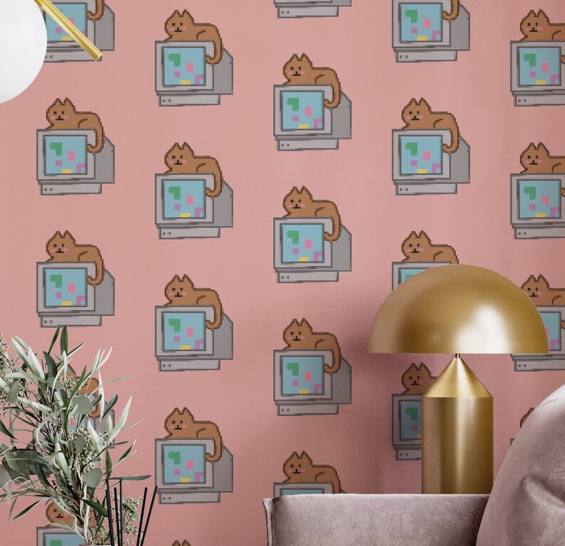 Pixel Cat Peel and Stick Wallpaper Pixelated Pink Wallpaper - Etsy