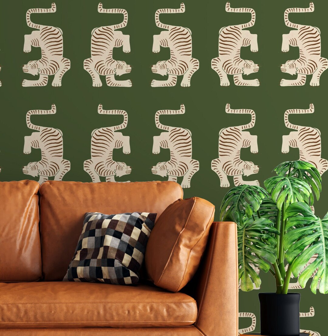 Peel and Stick Olive Green Tiger Wallpaper Aztec Tiger - Etsy