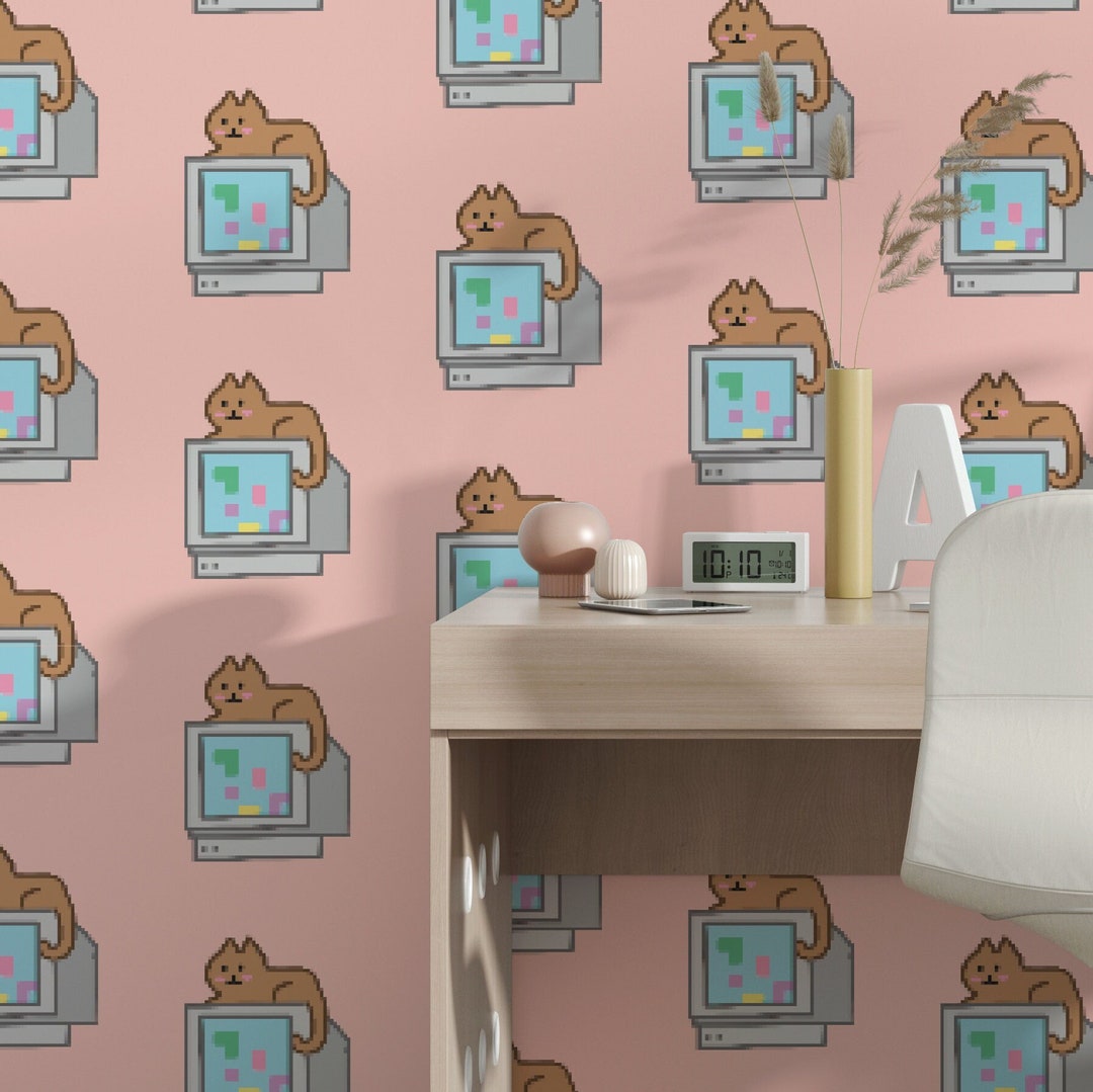 Pixel Cat Peel and Stick Wallpaper, Pixelated Pink Wallpaper, Accent ...