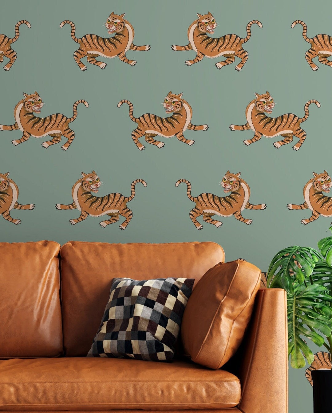 Traditional Tiger Wallpaper, Aztec Tiger Sage Wallpaper, Vintage ...