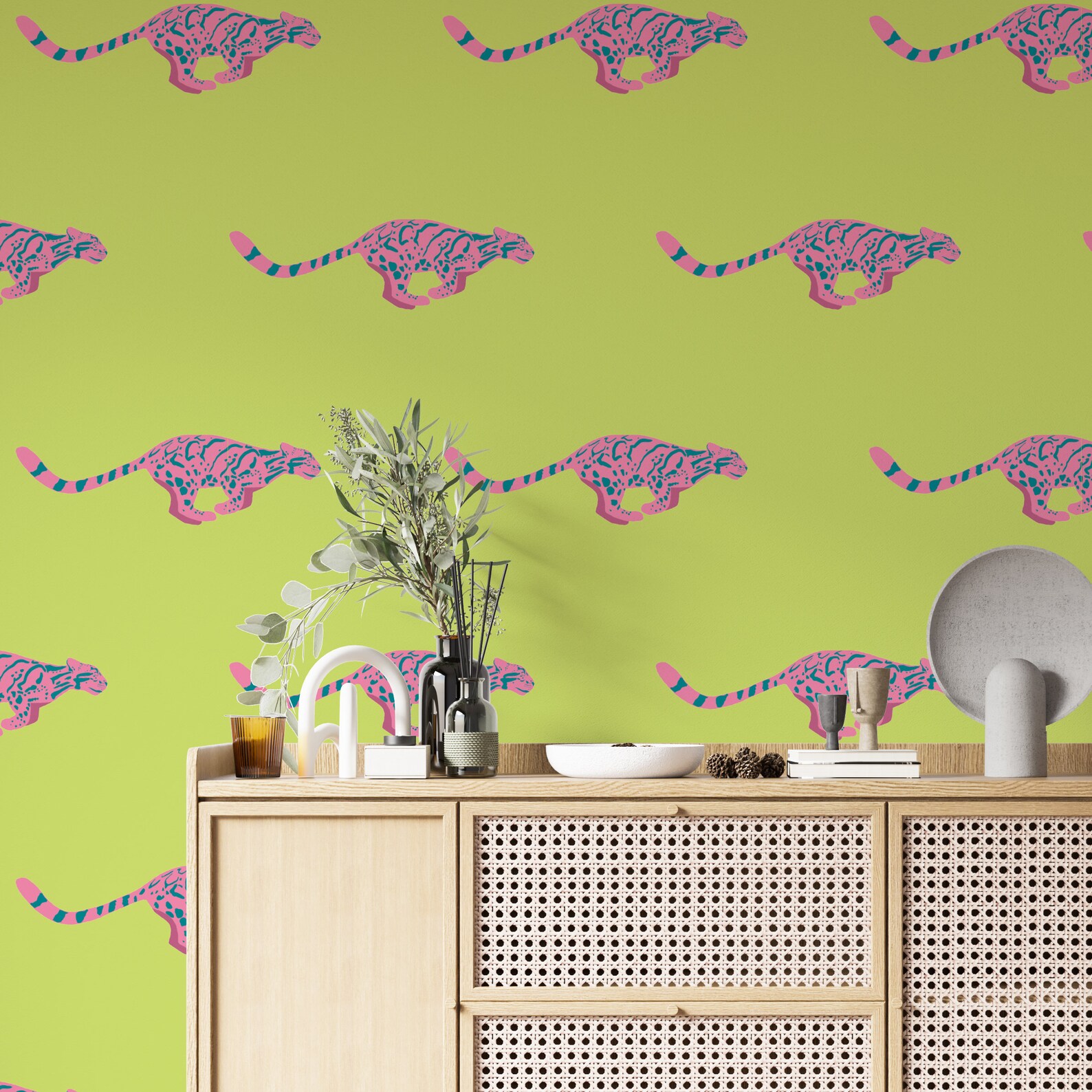 Funky Ocelot Peel and Stick Wallpaper: Green Lime, Pink Wild Cat - Etsy