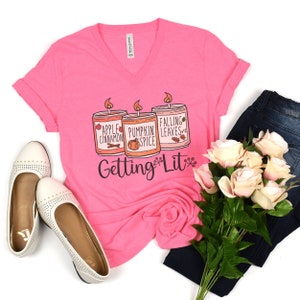 Getting Lit Funny Fall Short Sleeve V-neck Tee, Fall Candles, Funny ...