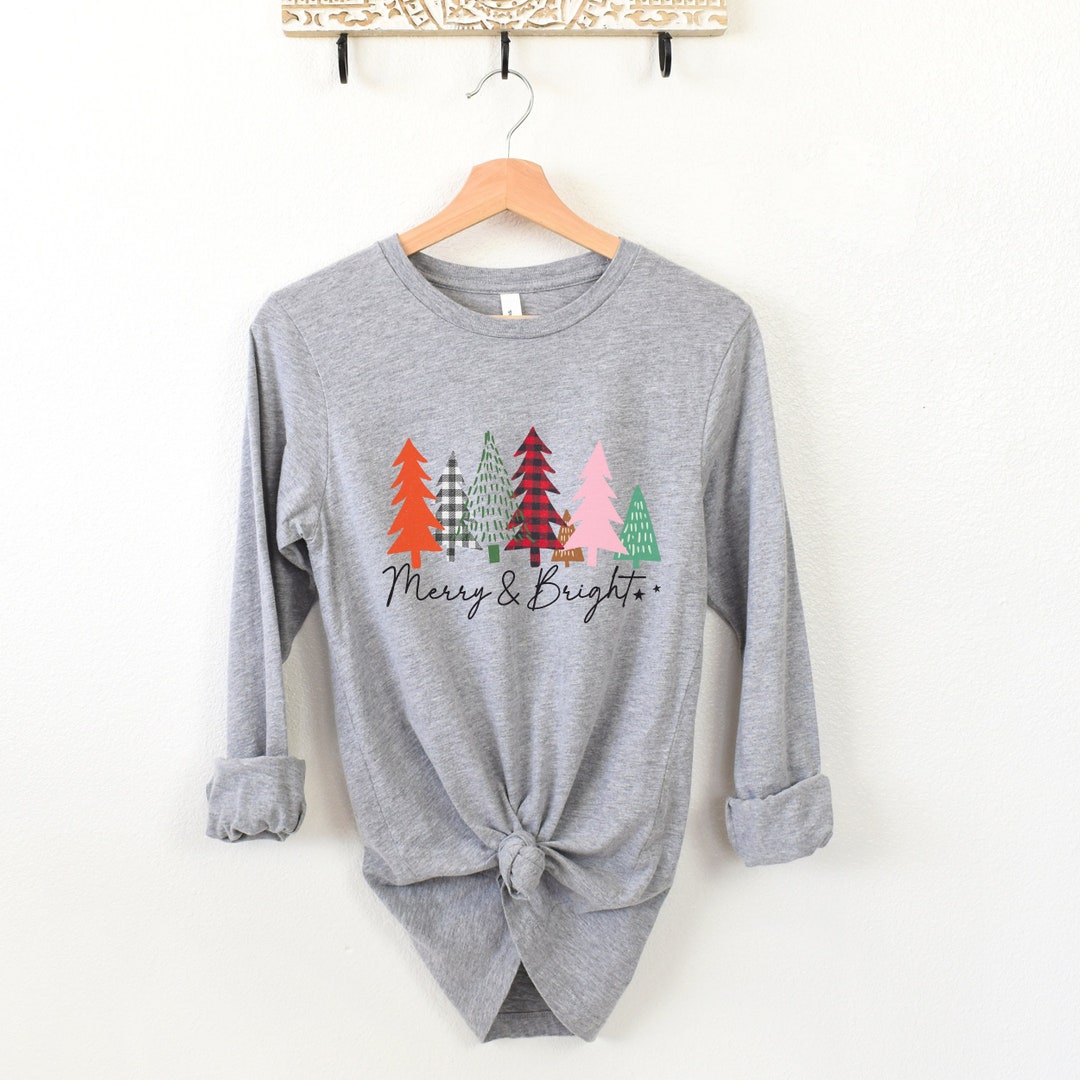 Retro Christmas Long Sleeve Tee Shirt, Merry & Bright, Cute Christmas ...