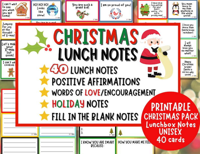 Printable Christmas Themed Lunchbox Notes for Kids, Christmas Note ...