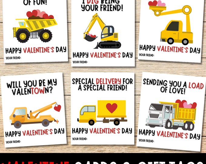 Kids Valentine Cards | INSTANT DOWNLOAD | Construction Vehicles ...
