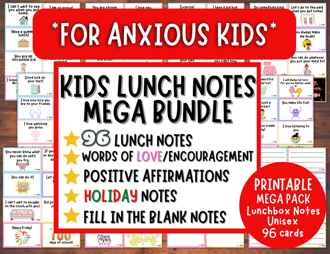 Printable Lunchbox Notes for ANXIOUS Kids Bundle, Lunch Box Notes for ...