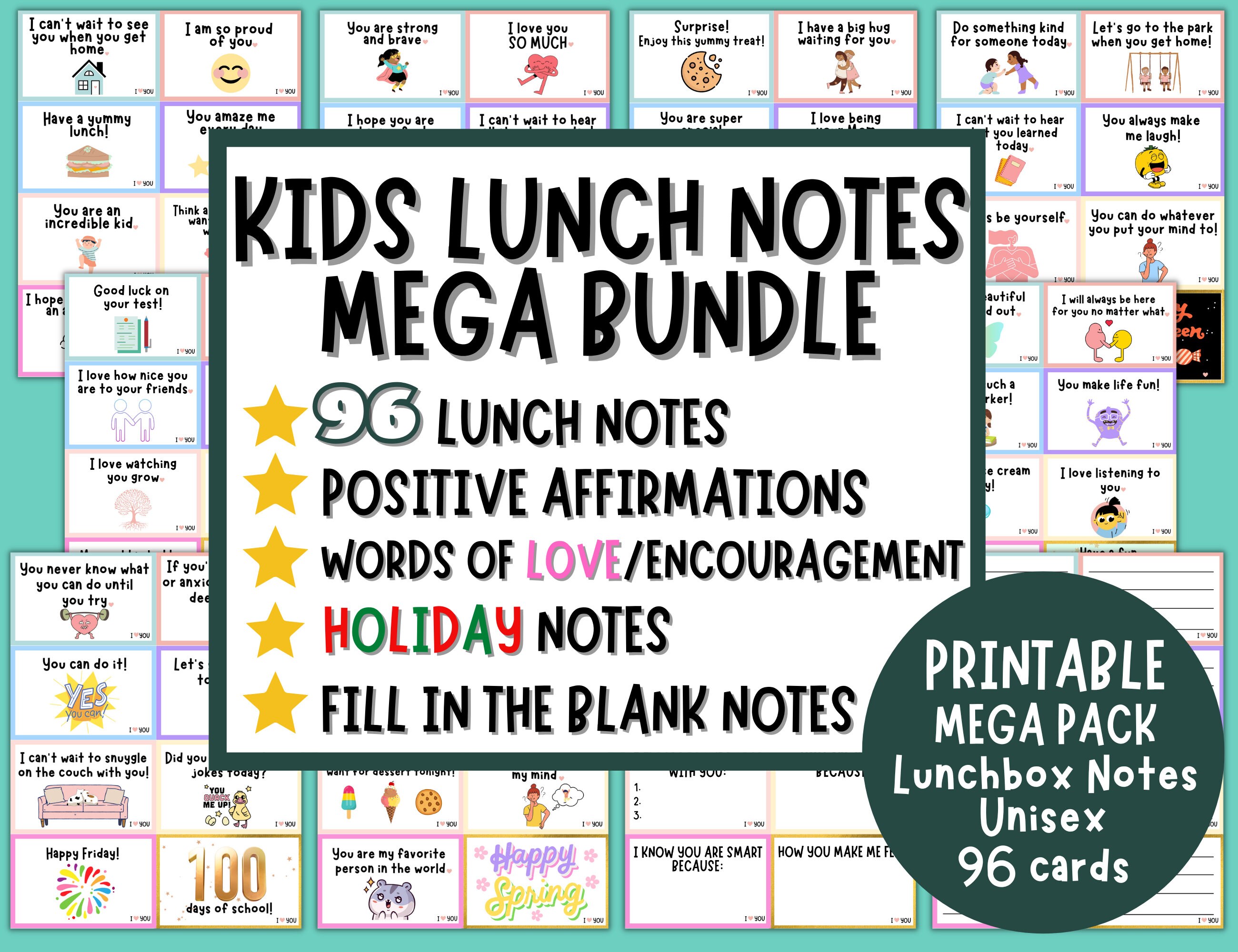 Printable Lunchbox Notes for Kids BUNDLE, Lunch Box Notes for BOYS and ...