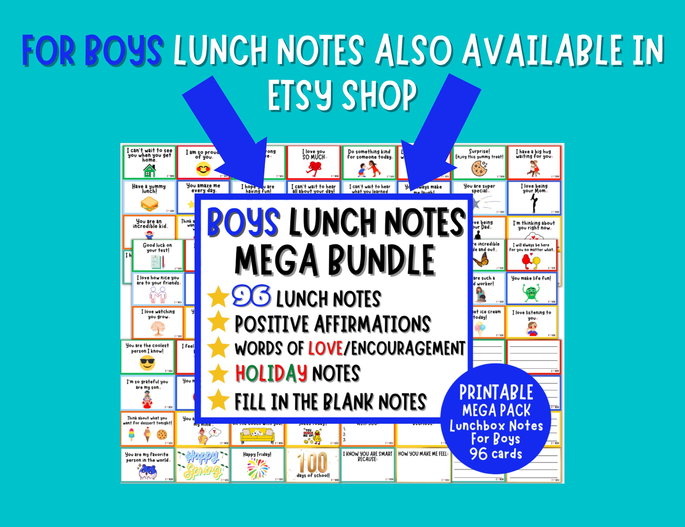 Printable Lunchbox Notes for Kids BUNDLE, Lunch Box Notes for BOYS and ...