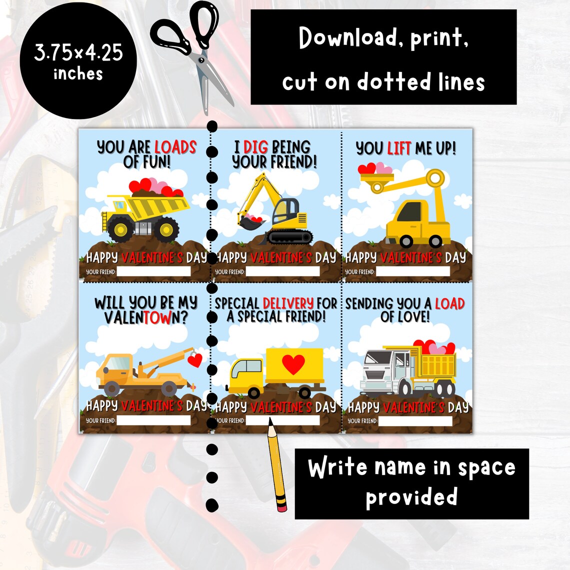 Kids Construction Valentine Cards, INSTANT DOWNLOAD, Boy Valentines ...