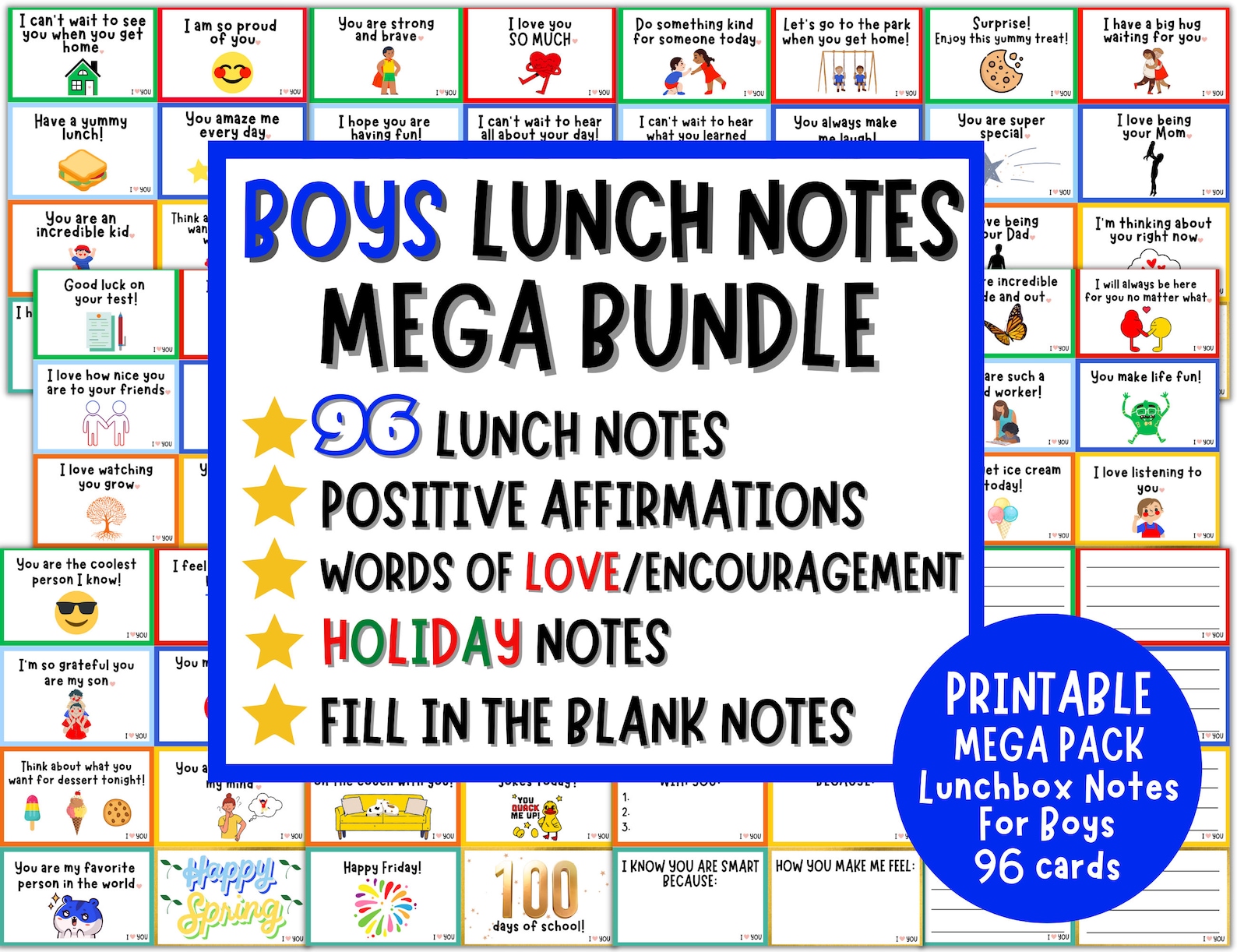Printable Lunch Box Notes for Kids BUNDLE Lunch Box Notes for BOYS ...