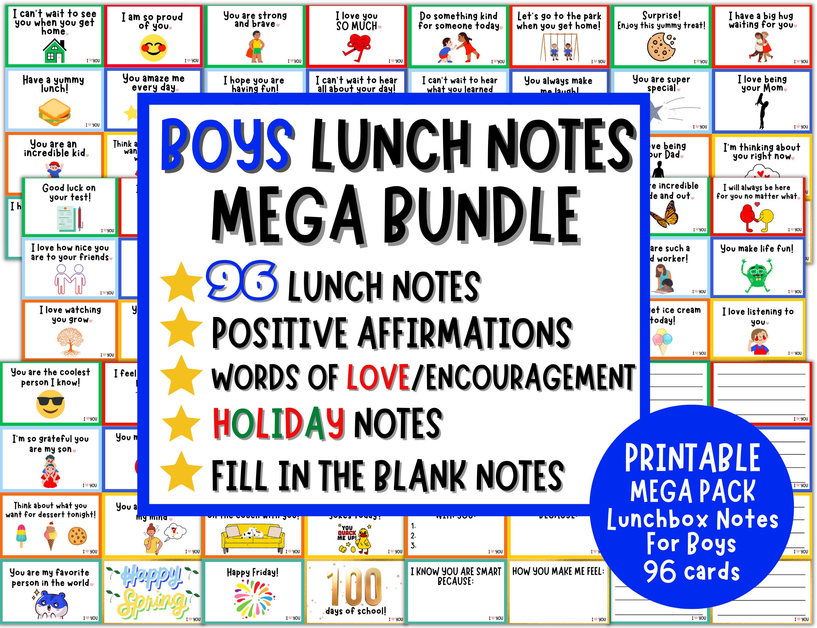 Printable Lunch Box Notes for Kids BUNDLE Lunch Box Notes for BOYS ...