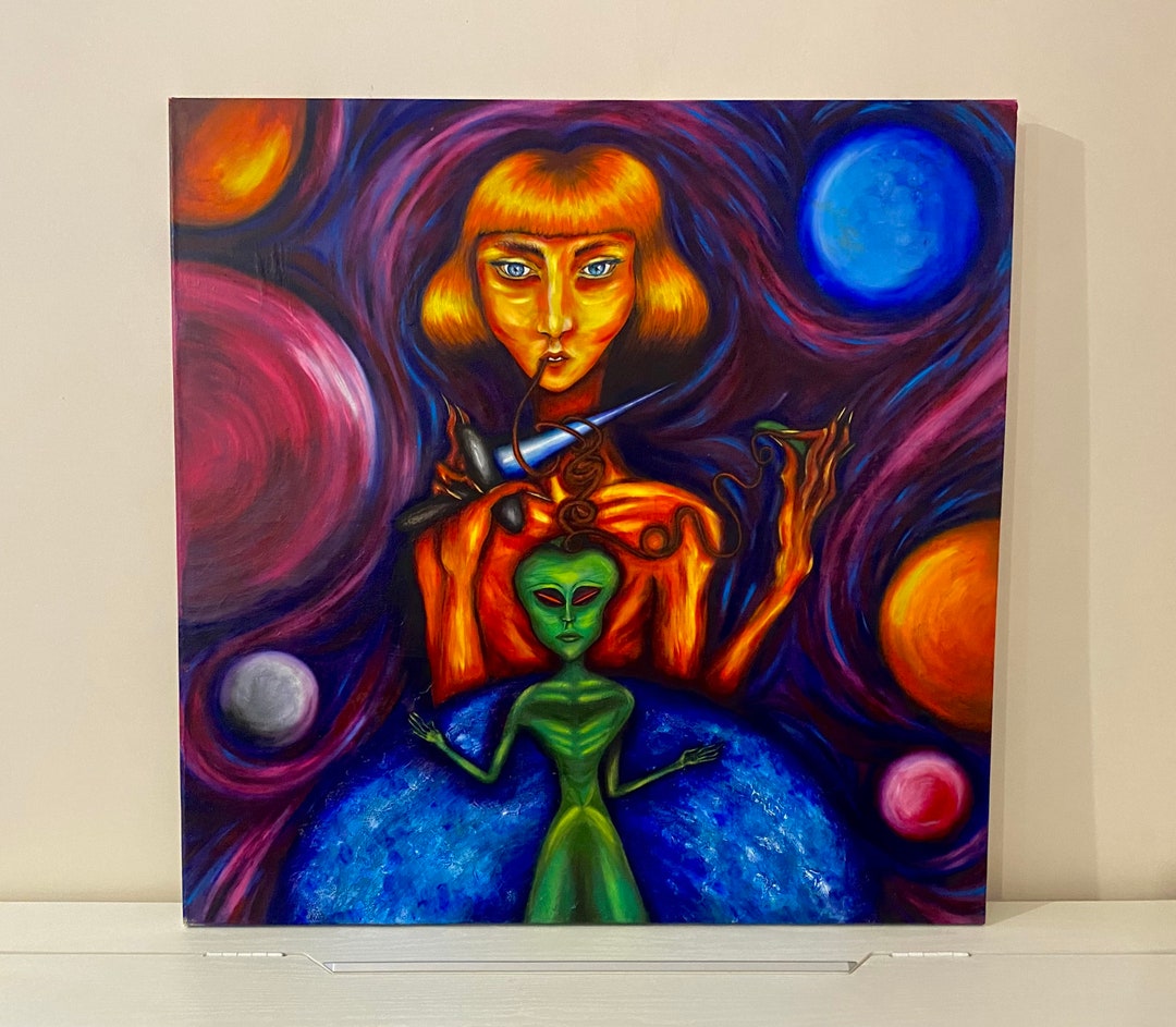 Original Oil Painting of Space Woman Aliens, Planets Painting ...