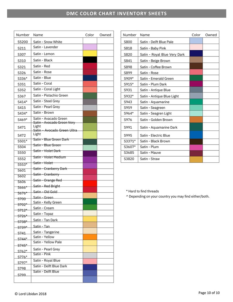 DMC Floss Color Chart PDF Download File DMC Threads Color Shade Chart ...