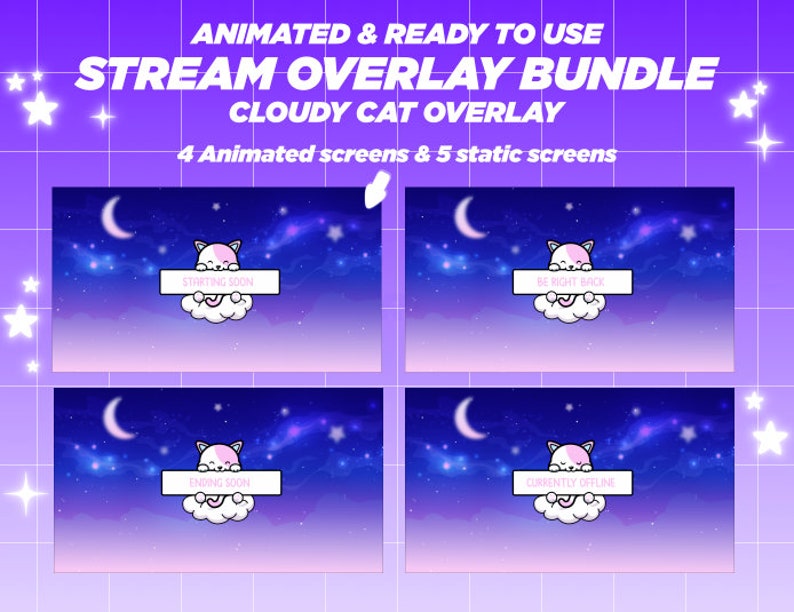 Animated Twitch Cloudy Cat Overlay Stream Pack, Overlay Set, Animated ...