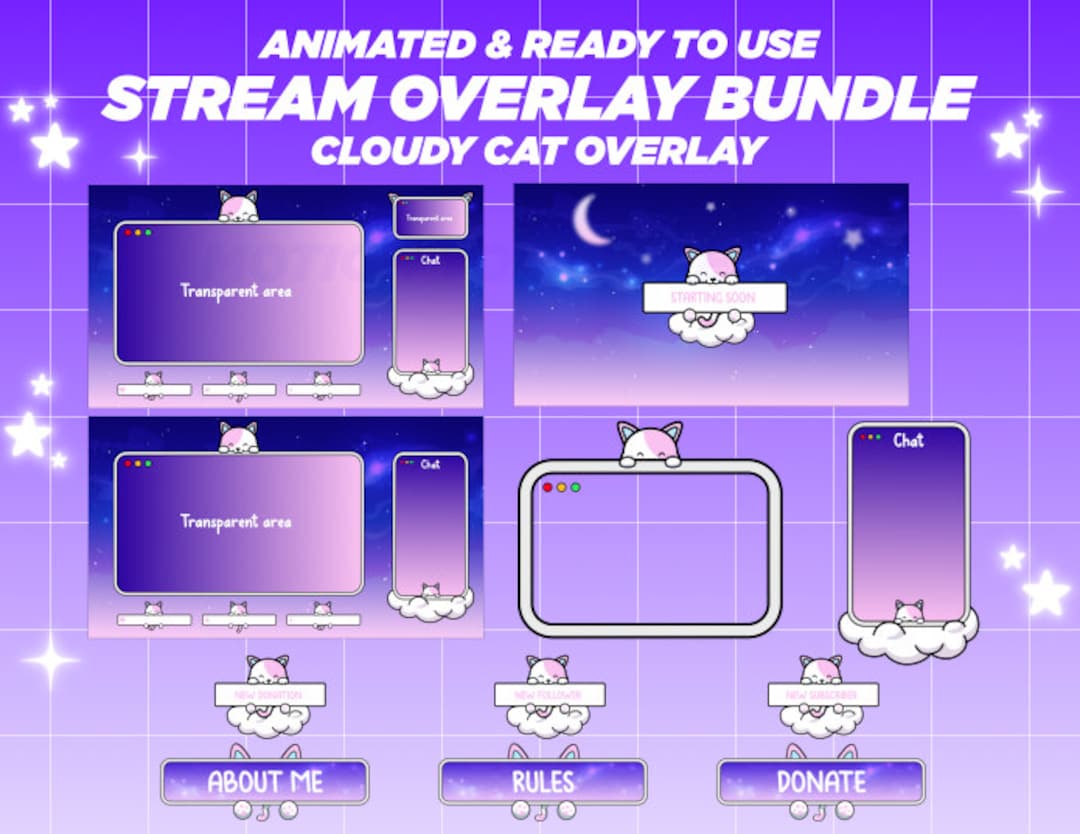 Animated Twitch Cloudy Cat Overlay Stream Pack, Overlay Set, Animated ...
