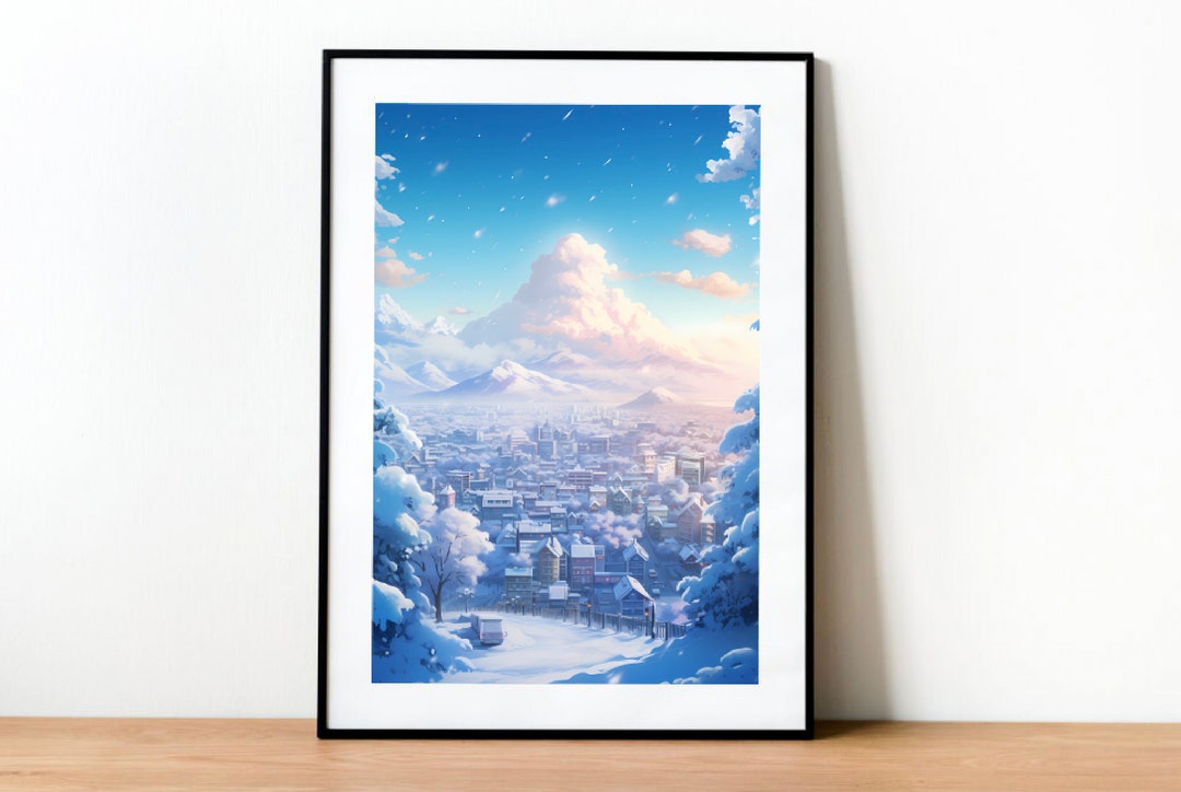 Lofi Art Print of Japanese City in Snow - Lofi Winter Snow City for ...