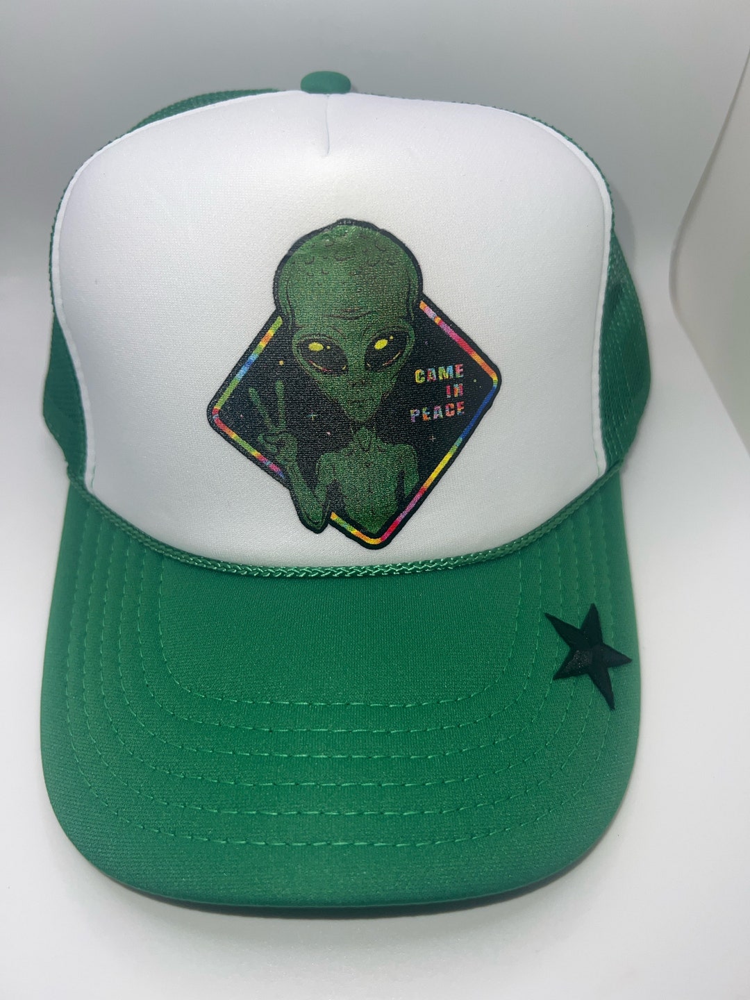 Alien Green and White Trucker Hat. Alien Graphic Mesh Hat - Etsy