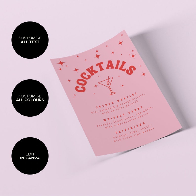 Cocktail Menu - Digital Editable Canva Menu Template - Disco Retro 70’s ...