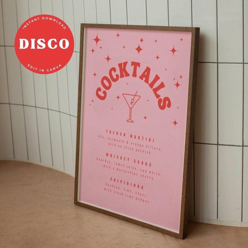Cocktail Menu - Digital Editable Canva Menu Template - Disco Retro 70’s ...