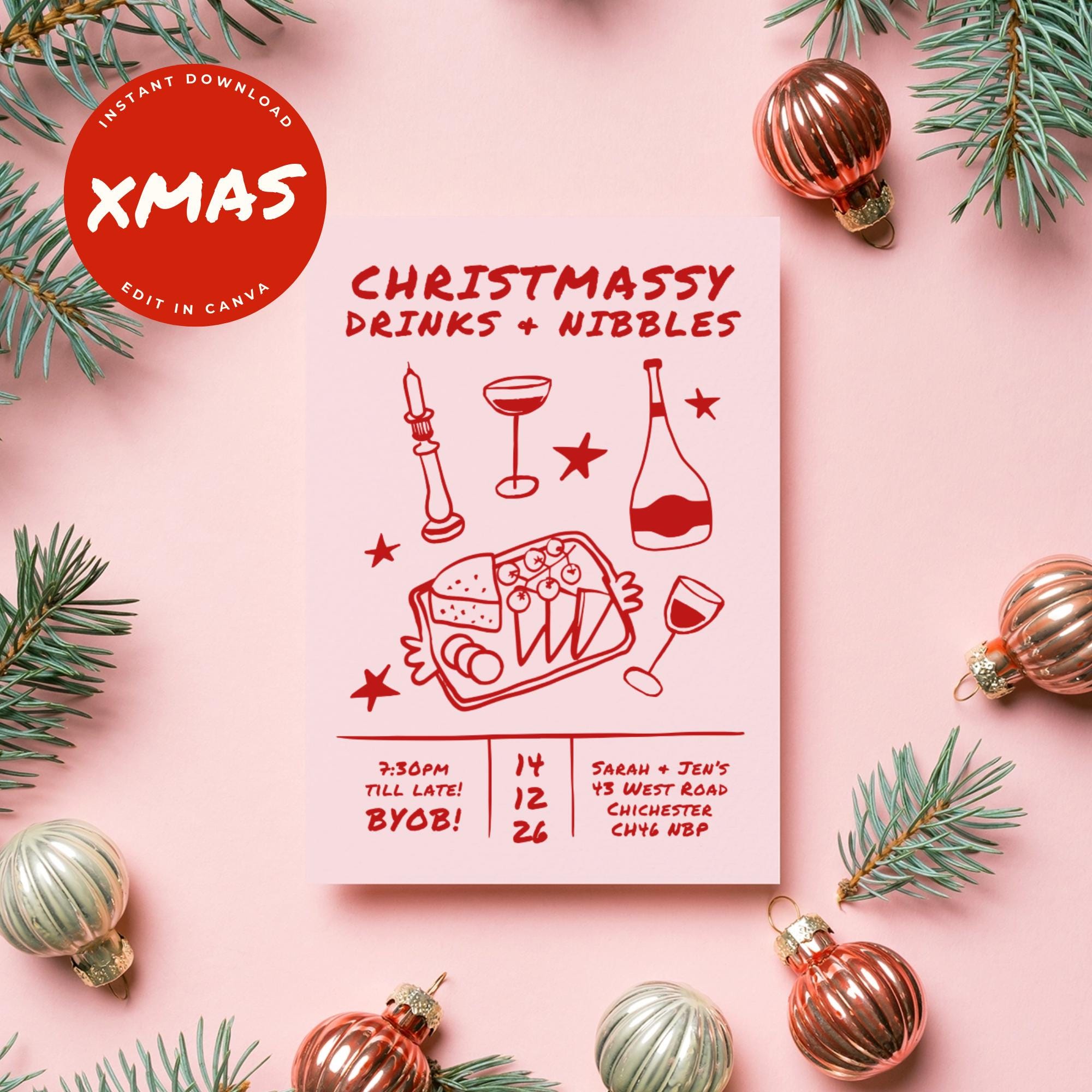 Hand Drawn Christmas Party Invite Template Doodle Aesthetic Xmas ...