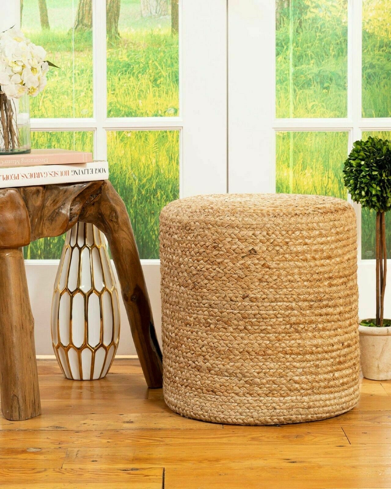Round Cylindrical Jute Pouf Cover, Jute Pouf for Living Room, Home ...
