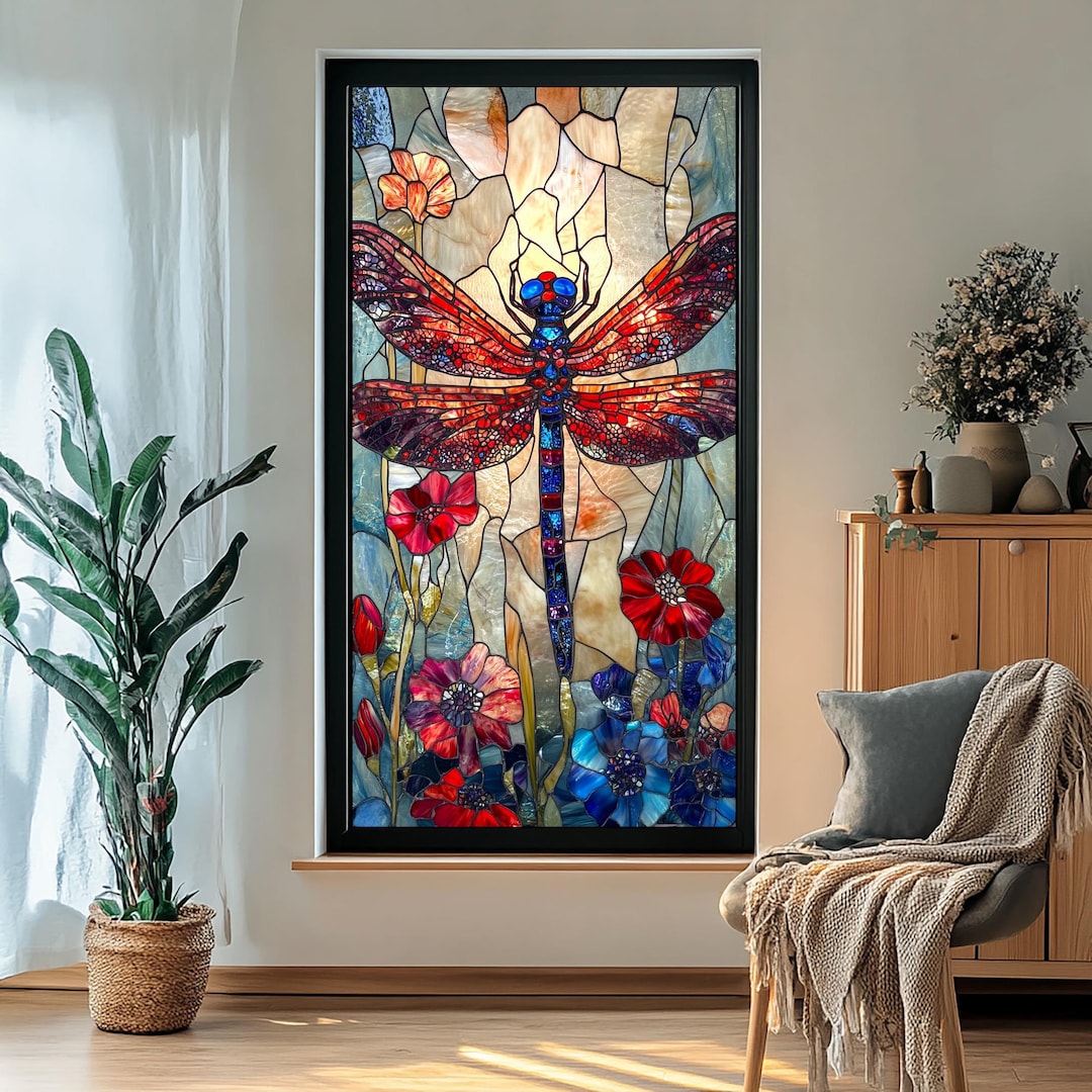 Dragonfly Stained Glass Window Panel, Vibrant Floral Design for ...