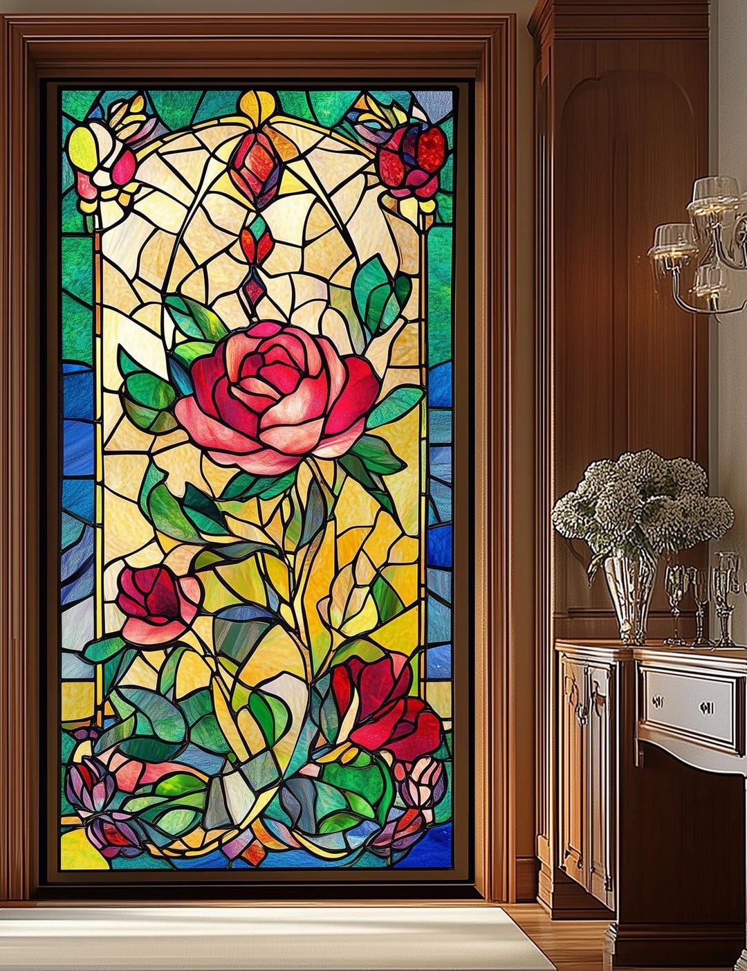 Frosted Stained Glass Window Film – Colorful Floral Design, Static ...