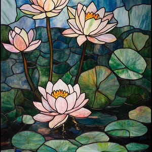 Tiffany Style Water Lily Stained Glass Panel, Handcrafted Window Art ...