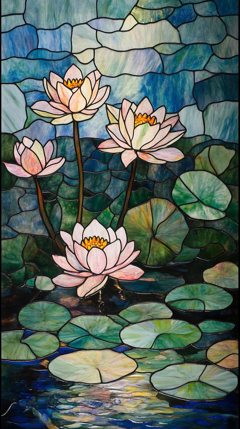 Tiffany Style Water Lily Stained Glass Panel, Handcrafted Window Art ...