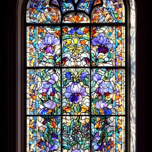 Tiffany-style Stained Glass Window Panel With Irises, Art Nouveau ...