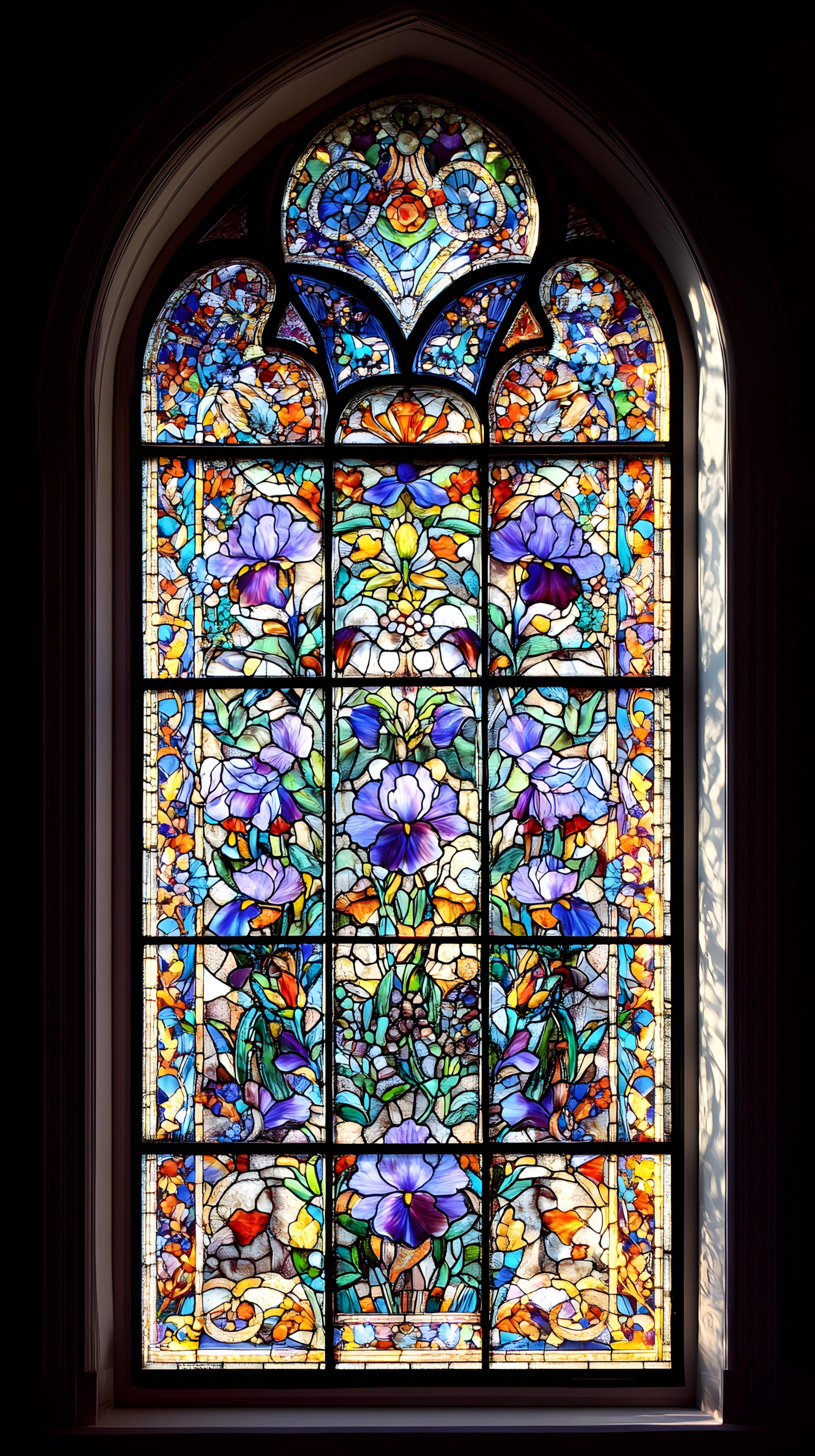 Tiffany-style Stained Glass Window Panel With Irises, Art Nouveau ...