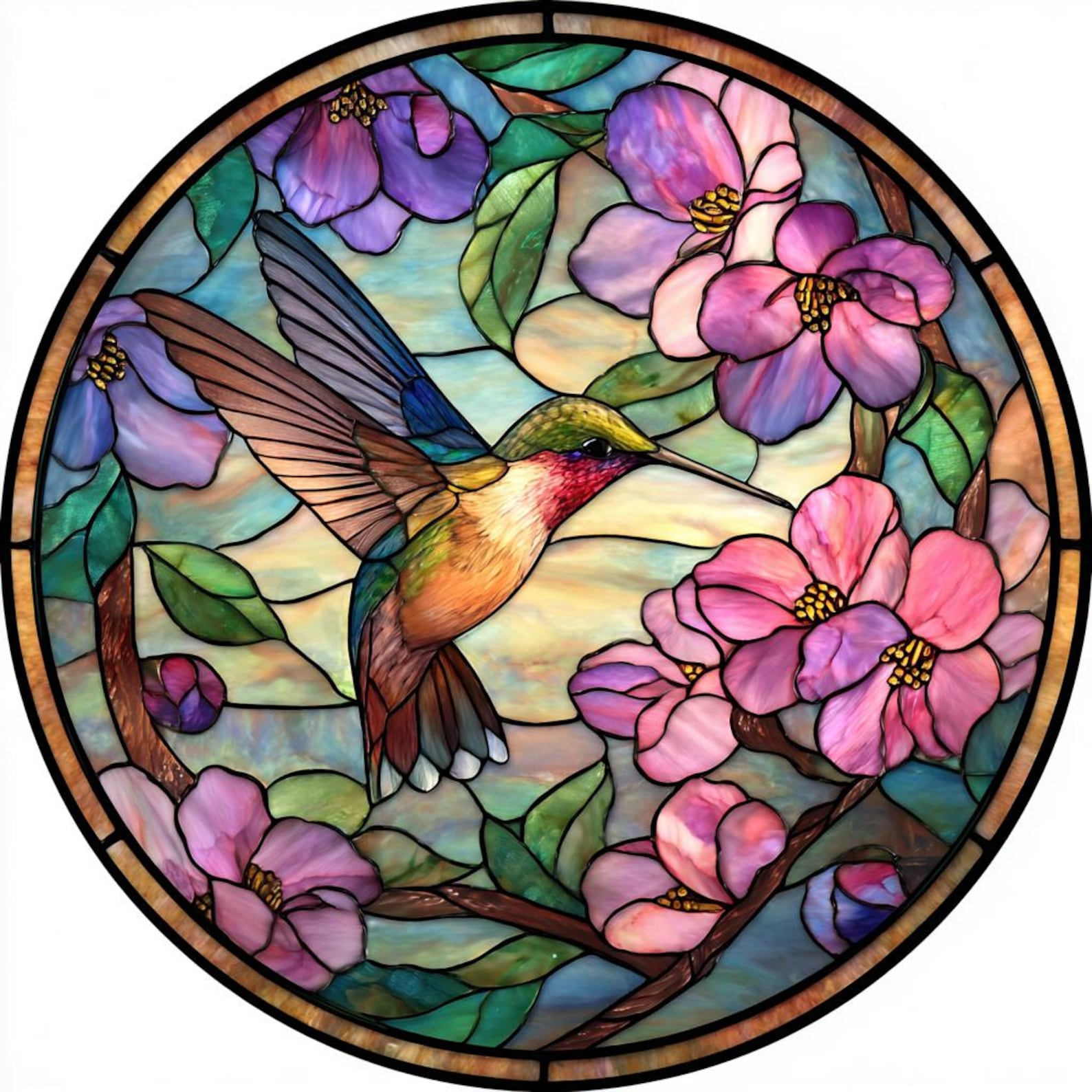 Custom Round Stained Glass Window Privacy Film – Hummingbird & Flowers ...