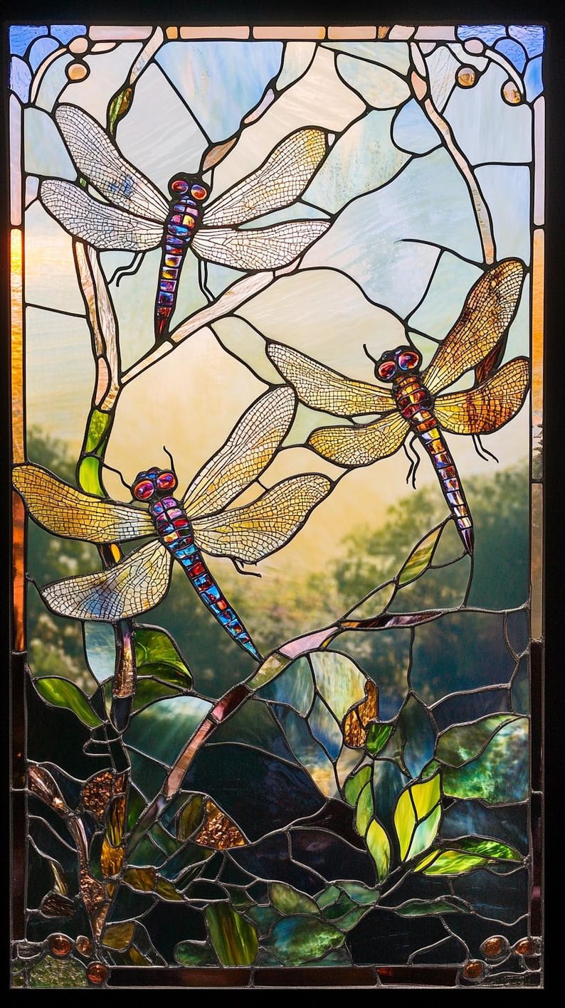 Dragonfly Stained Glass Window Panel, Vibrant Floral Design for ...
