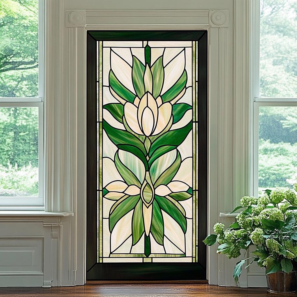 Custom Stained Glass Door Film - Elegant Green and White Art Nouveau ...