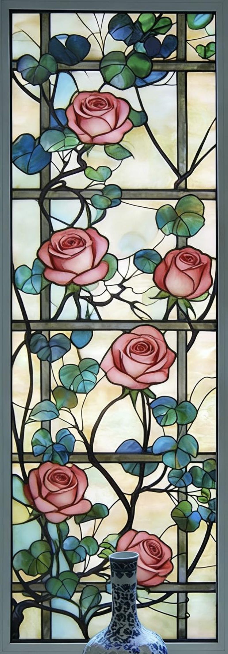 Custom Size Pink Rose Vine Stained Glass Window Film, Privacy ...
