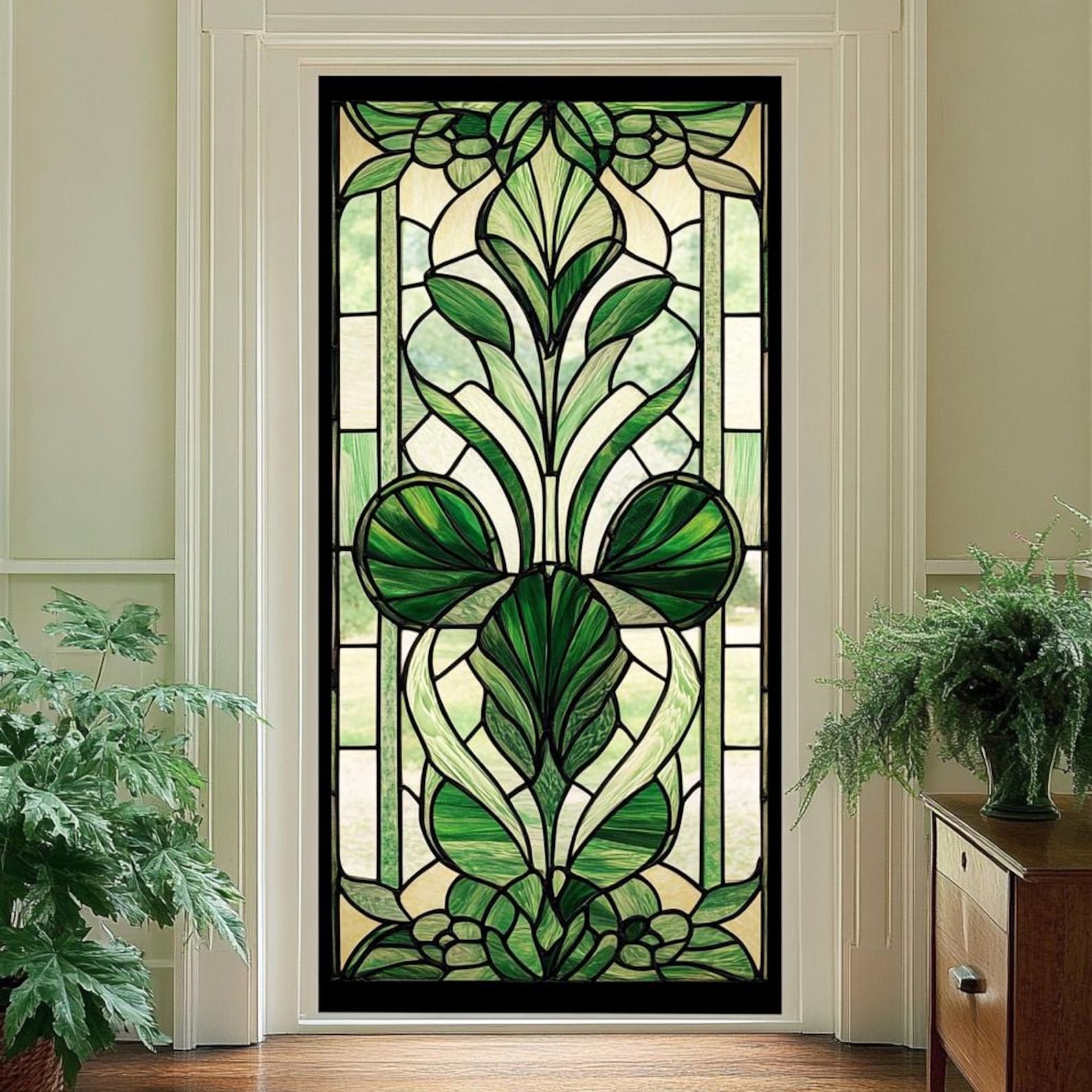 Handcrafted Stained Glass Window Cling - Ornate Botanical Leaf Pattern ...
