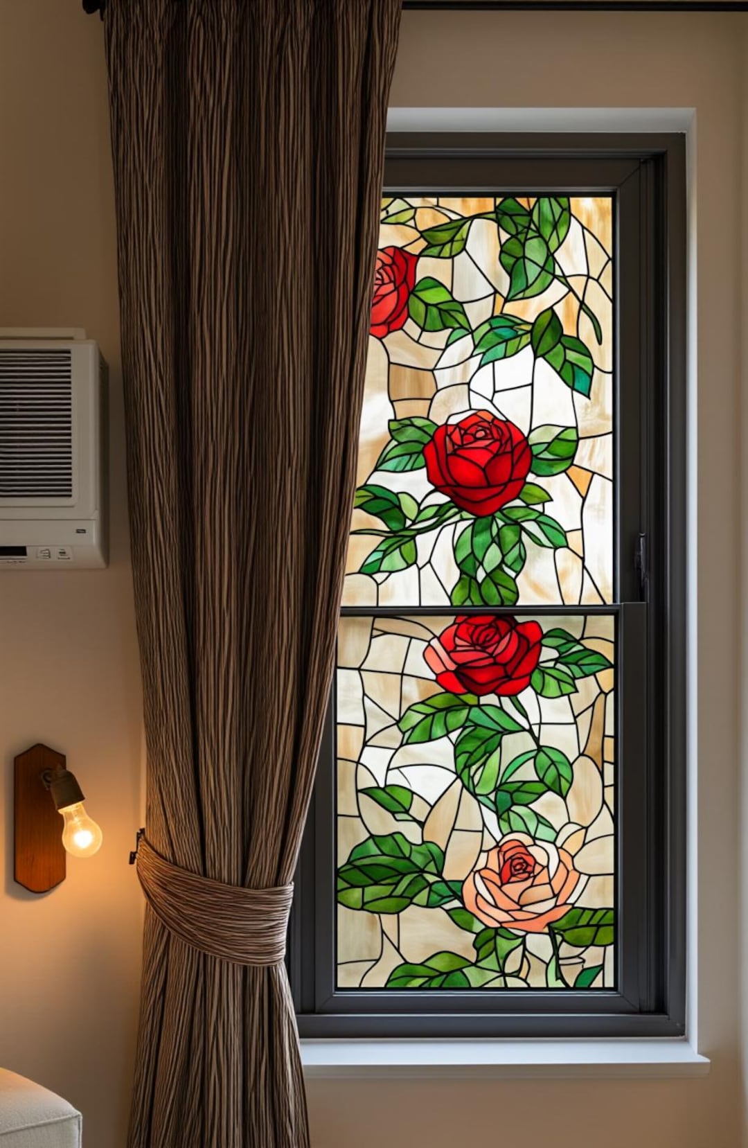 Vintage Rose Stained Glass Window Film – Red and Pink Floral Privacy ...
