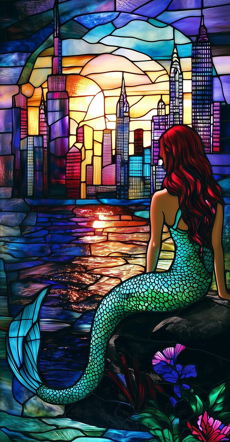 Translucent Mermaid Stained Glass Mural – Peel and Stick, Self-adhesive ...