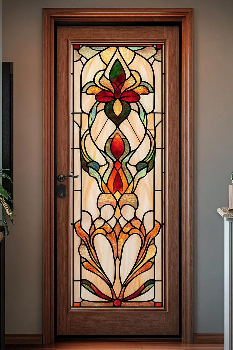 Custom Stained Glass Door Film - Elegant Floral Pattern With Warm Tones ...
