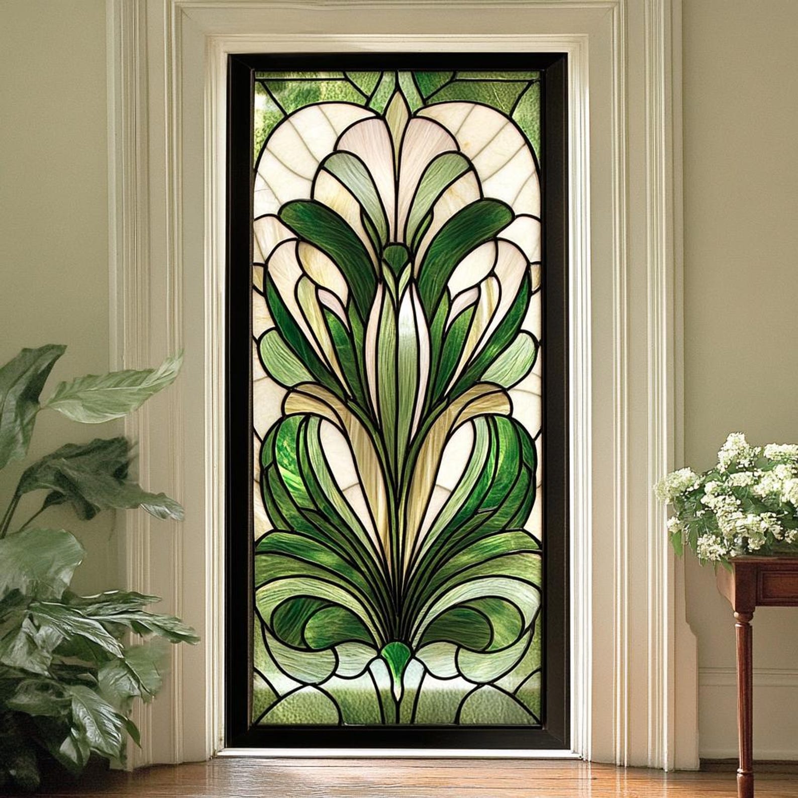 Custom Stained Glass Door Film - Elegant Green and White Art Nouveau ...