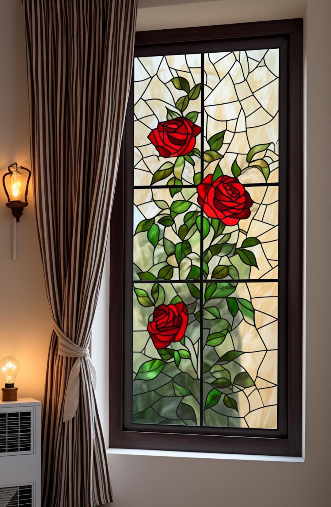 Red Rose Stained Glass Window Film – Classic Floral Privacy Cling for ...